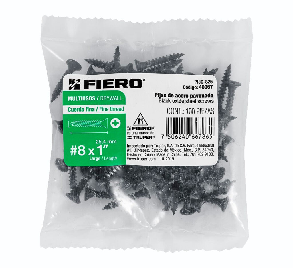 Bolsa con 100 pijas #8 x 1" multiusos cuerda cerrada, Fiero